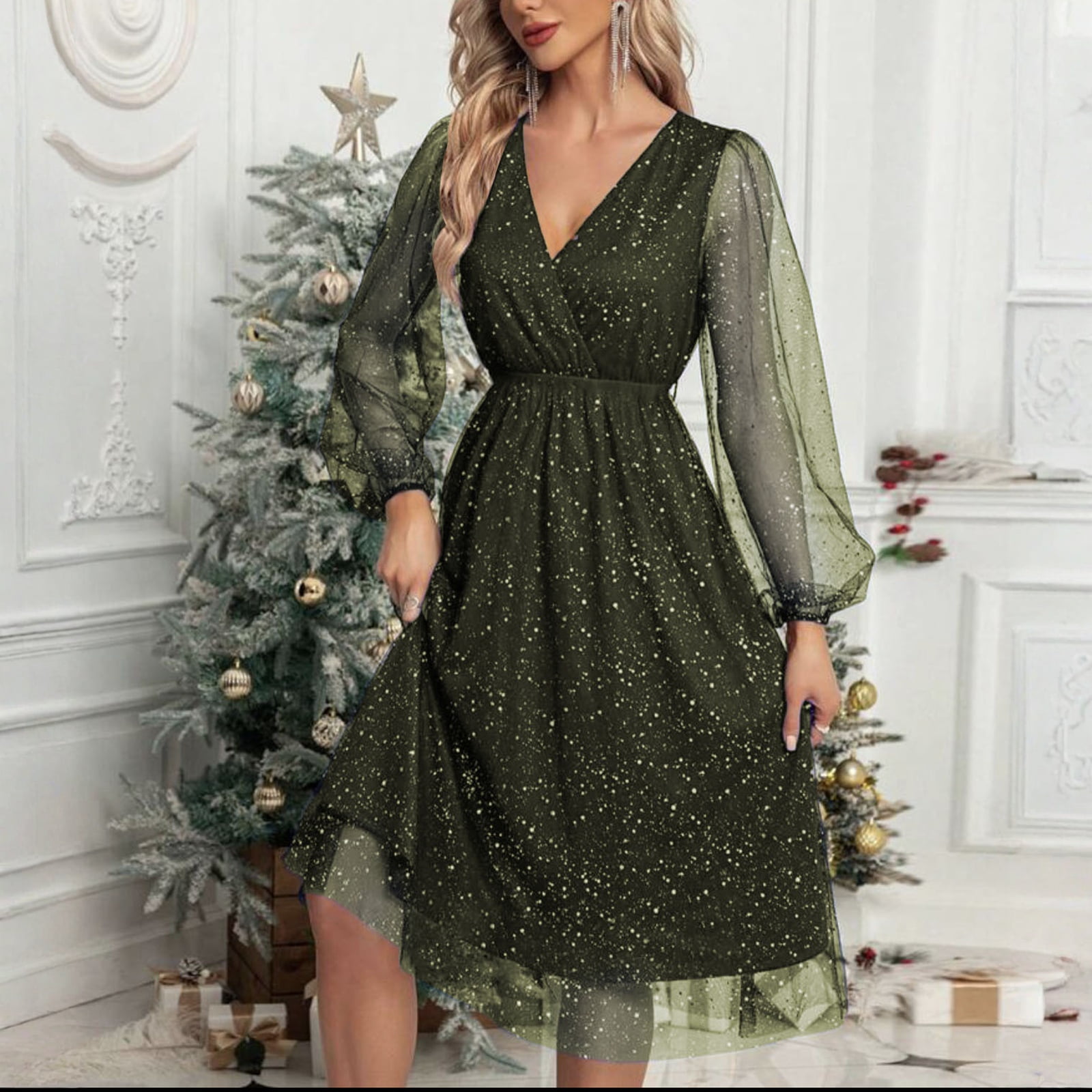 Cocktail Dresses For Women Women Lantern Long Sleeve V-Neck Elegant ...