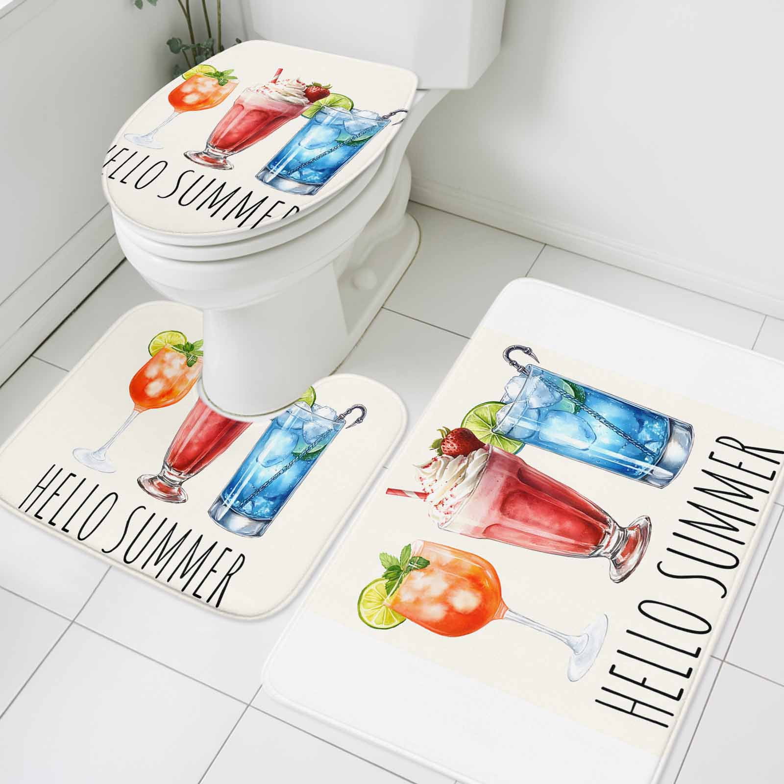 Cocktail Drink Bathroom Rugs Set HELLO SUMMER Non Slip Absorbent Soft ...