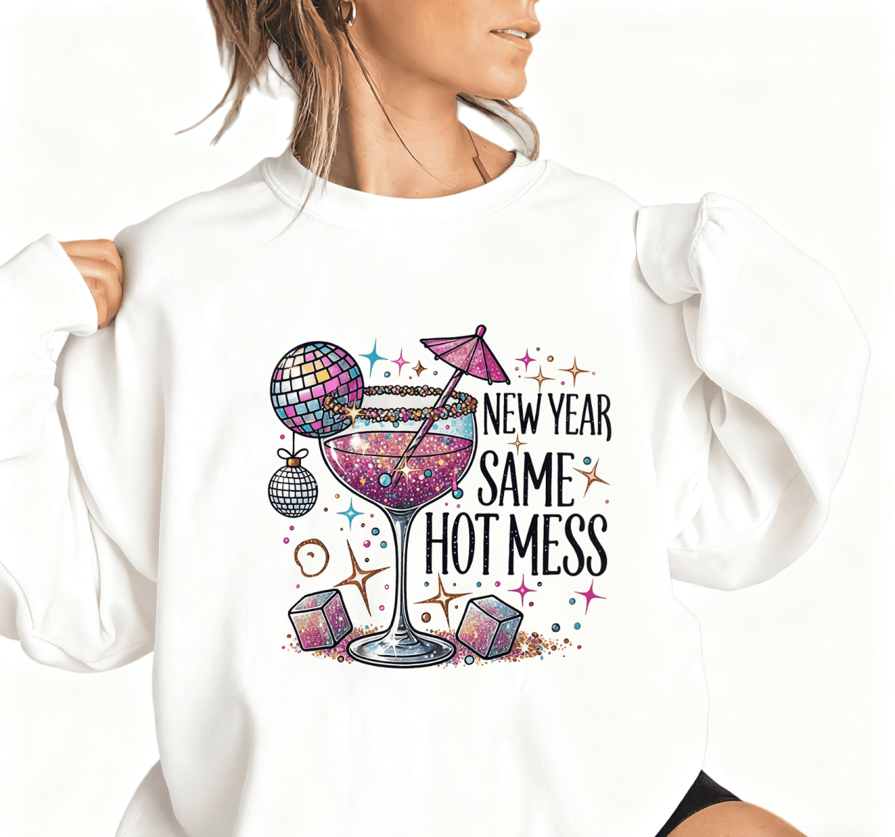 Cocktail Glass New Year Hot Mess Print Hoodie Graphic Sweatshirt White ...