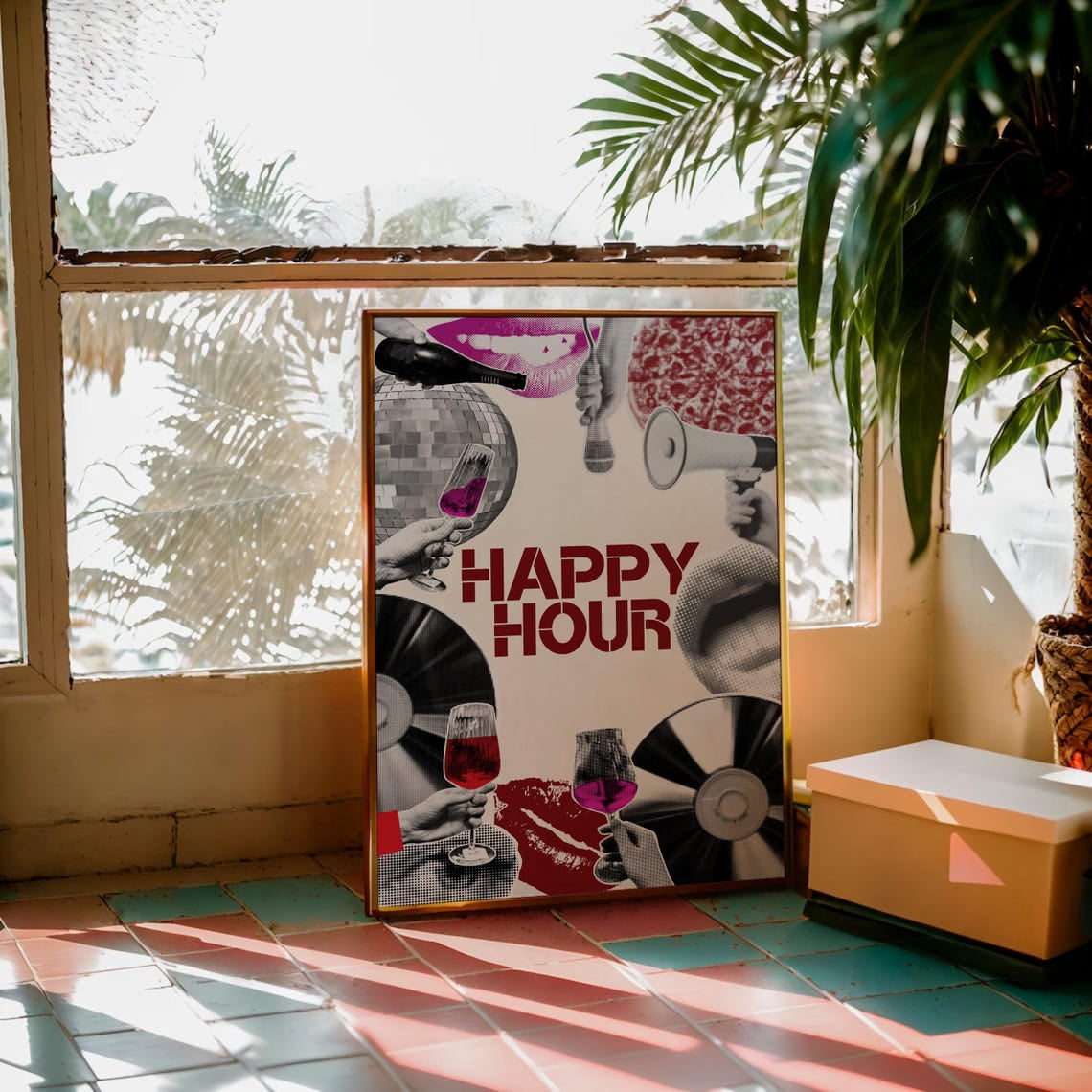 Cocktail, Happy Hour Wall Art, Vintage Kitchen Decor, Disco Ball Poster ...