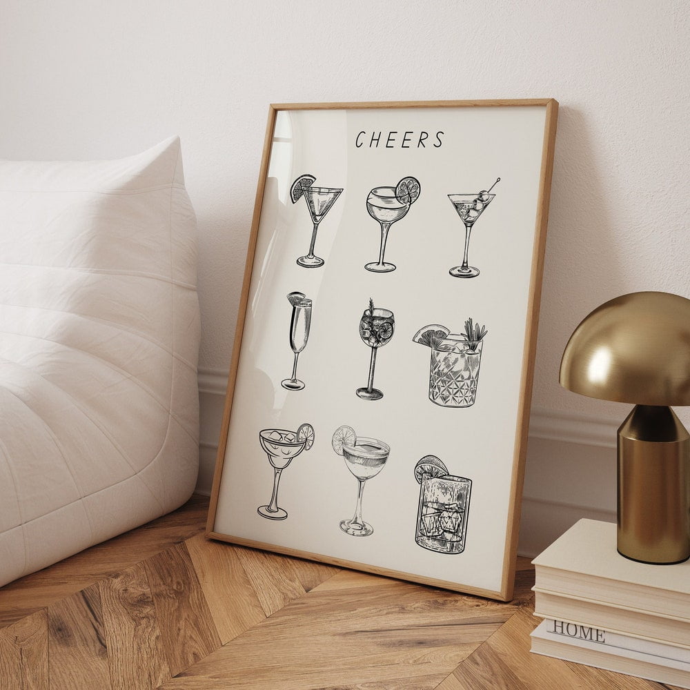 Cocktail Line Drawing Print: Minimalist Bar Cart Art UNFRAMED PAPER ...
