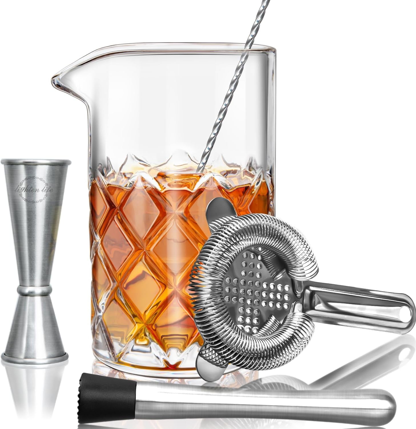 Cocktail Mixing Glass Set,Bar Mixing Set with 20oz Crystal Thick Bottom ...