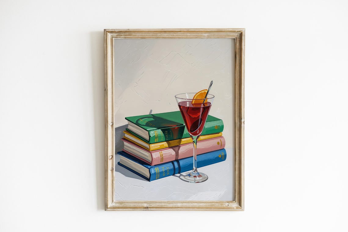 Cocktail On Book Stack Poster: Reading Nook Decor, Unframed Poster Size ...