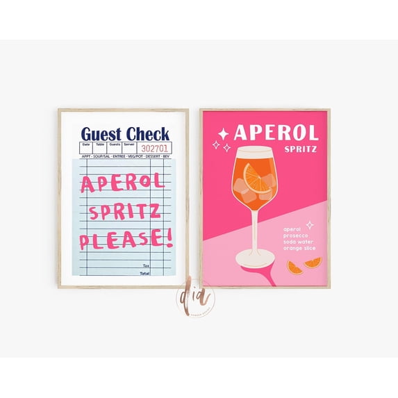 Cocktail Poster Set Aperol Spritz Preppy Bar Cart Guest Check Art Set 2 ...