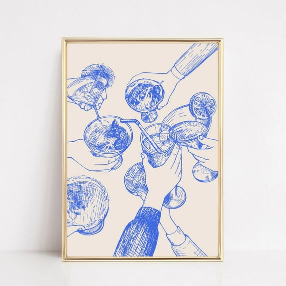Cocktail Print, Blue Cheers Print, Bar Cart Decor, Royal Blue Wall Art ...