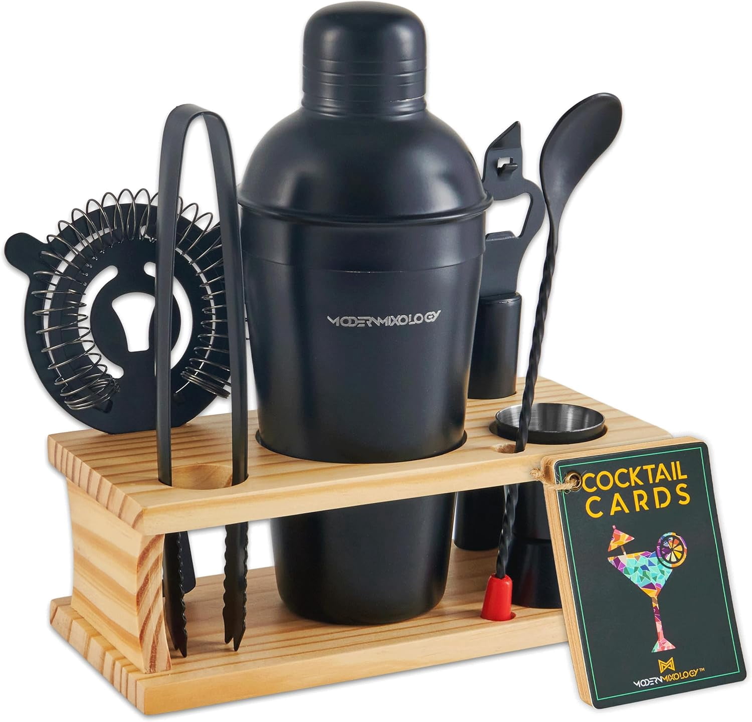 Cocktail Shaker Set - 8 Piece Bartender Kit on Quality Pine Stand ...