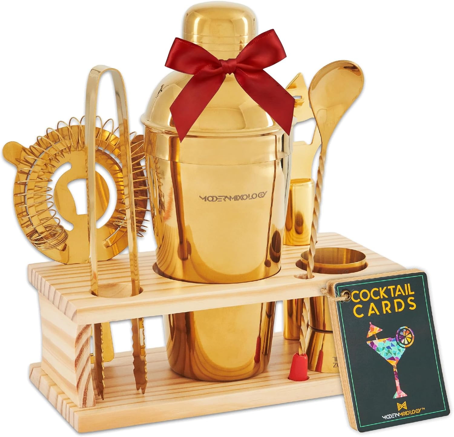 Cocktail Shaker Set - 8 Piece Bartender Kit on Quality Pine Stand ...