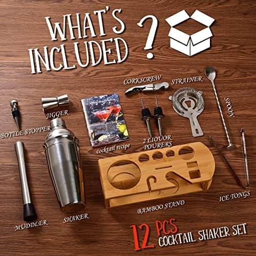Cocktail Shaker Set Bartender Kit : 12-Piece Bar Tool Set with Bamboo ...