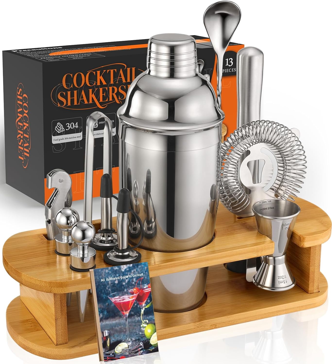 Cocktail Shaker Set Bartender Kit: 13-Pcs Bar Tools Set with Bamboo ...