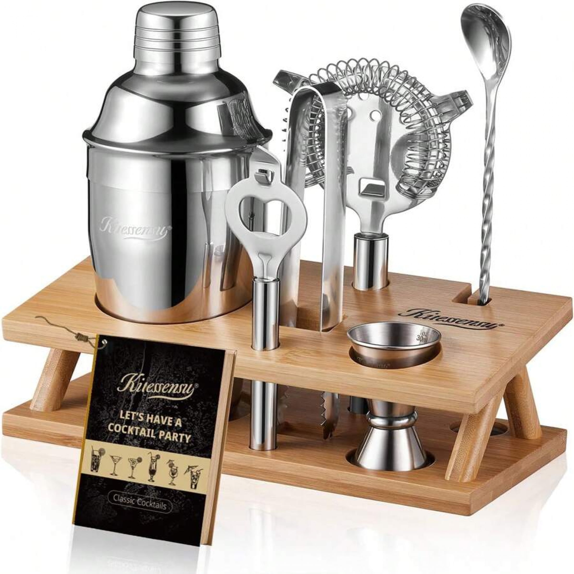 Cocktail Shaker Set Bartender Kit, 6-Piece Silver Bar Set With Stand ...