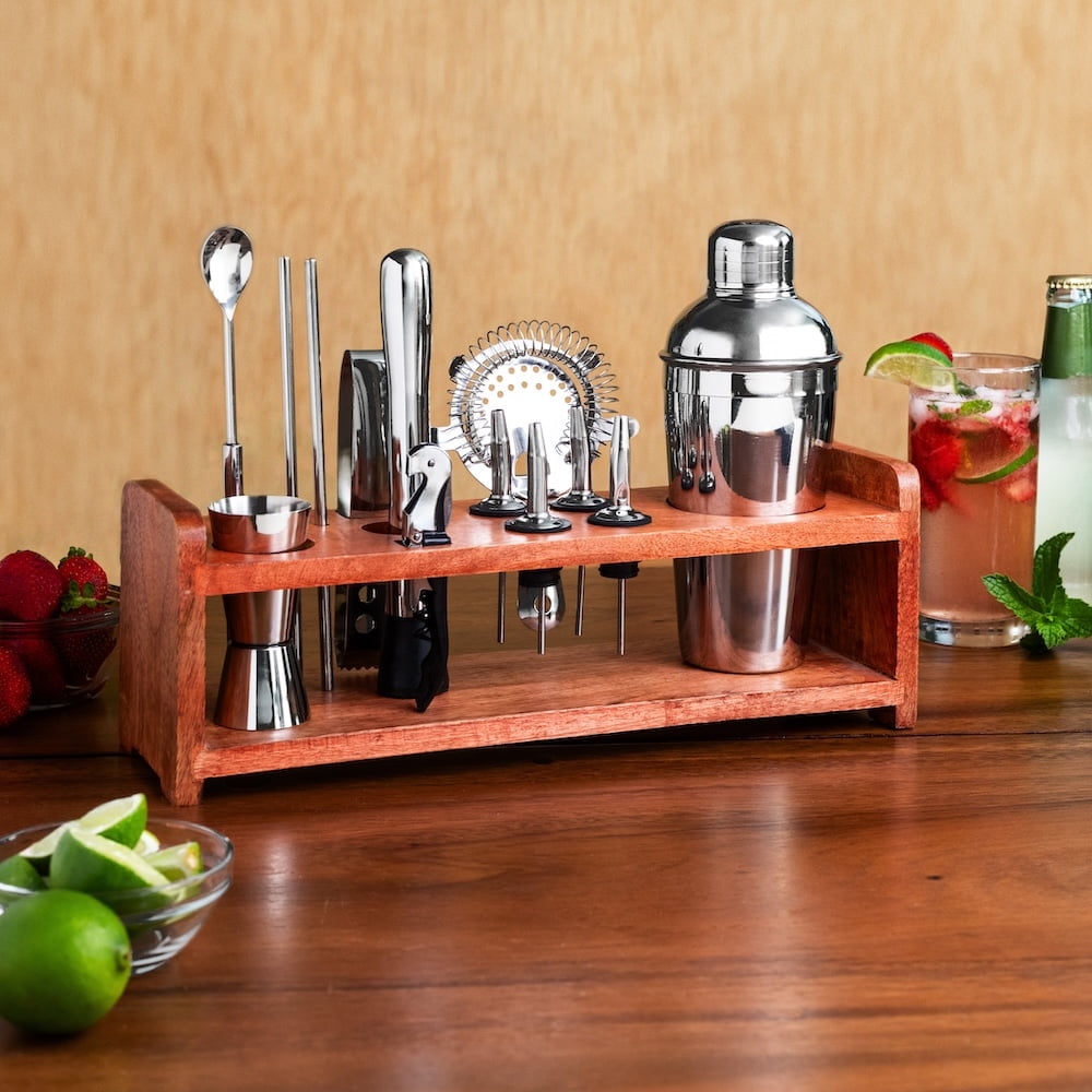 14-Piece Premium Cocktail Shaker Set with Wood Stand Mixology Bartender ...
