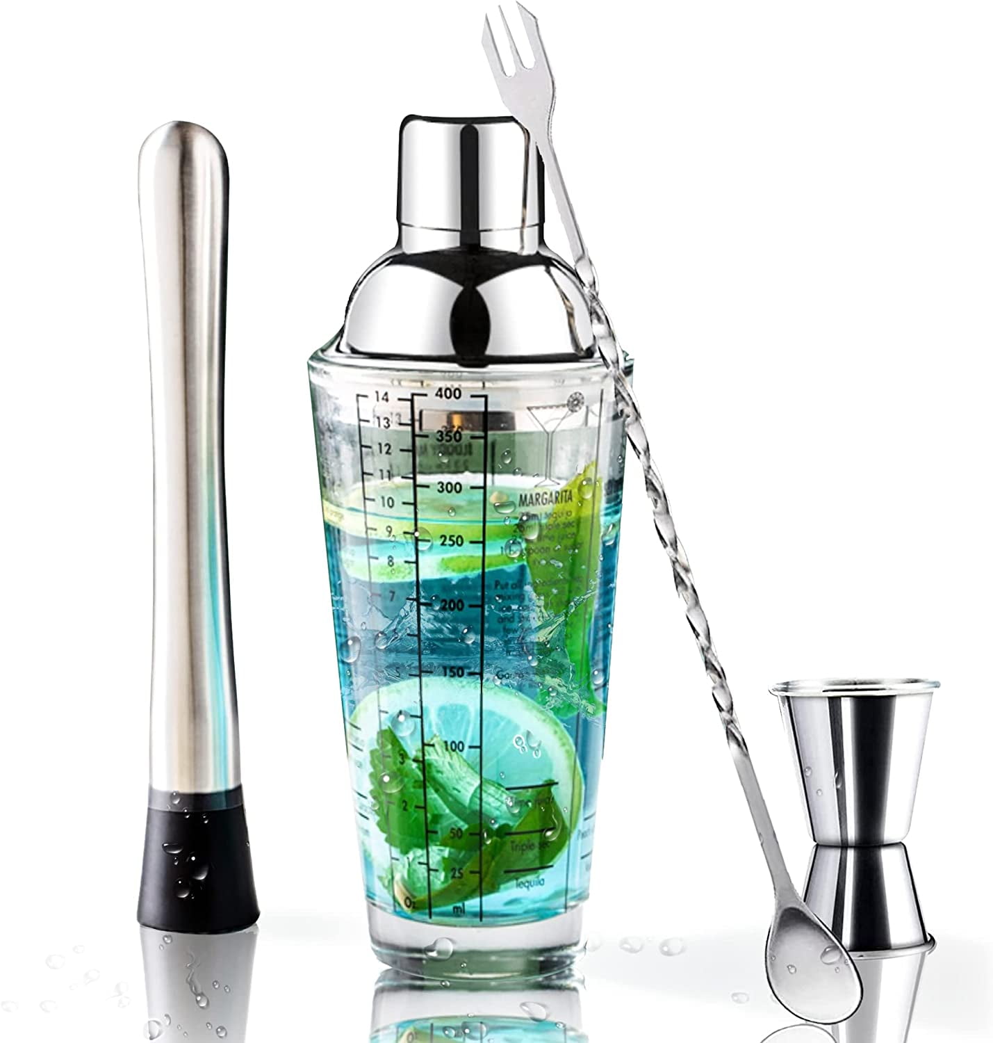 14oz Mixology Set: Glass Cocktail Shaker, Stainless Steel Bar Tools ...