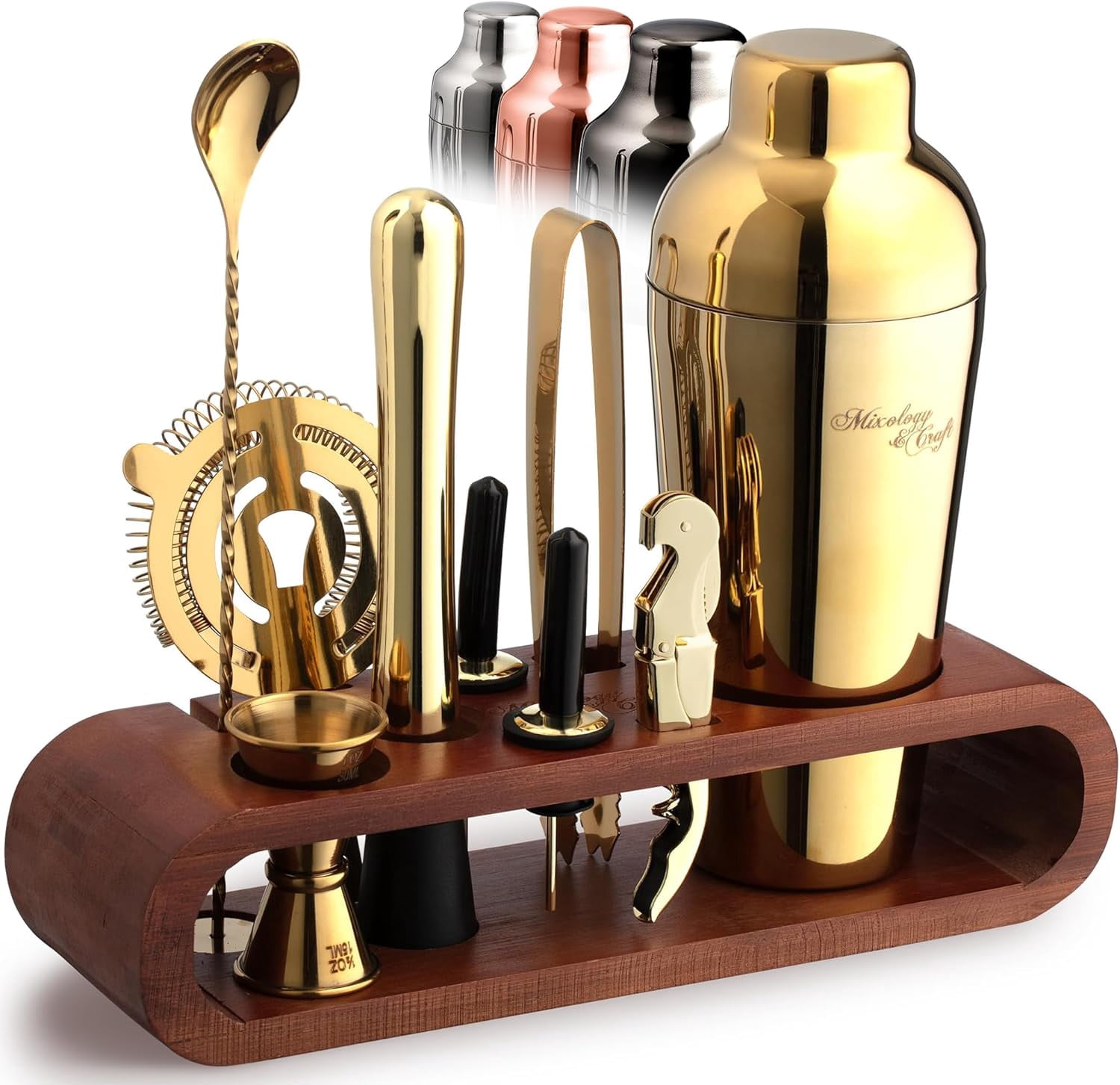 Cocktail Shaker Set with Dark Bamboo Stand - Professional 10-Piece ...