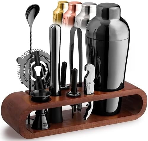 Cocktail Shaker Set with Dark Bamboo Stand - Professional 10-Piece ...