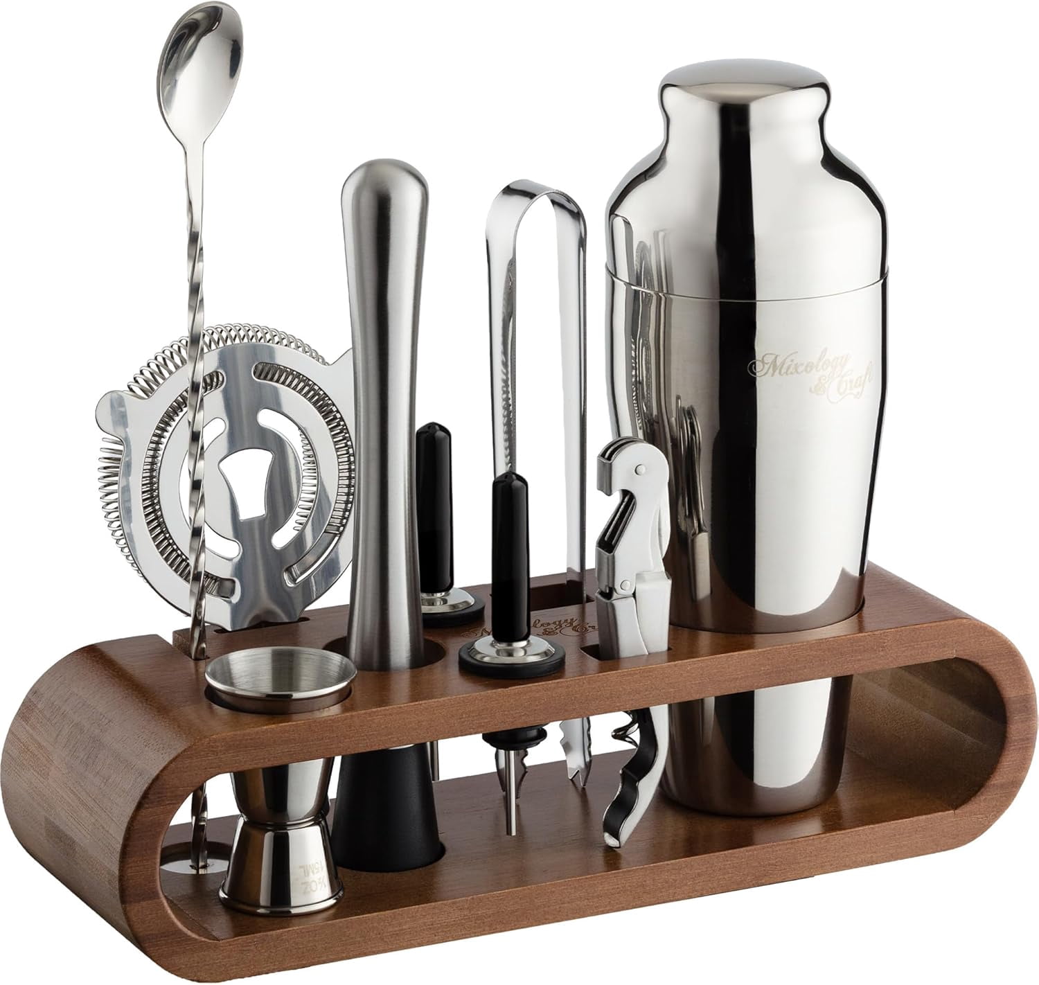 Cocktail Shaker Set with Dark Bamboo Stand - Professional 18oz 10-Piece ...