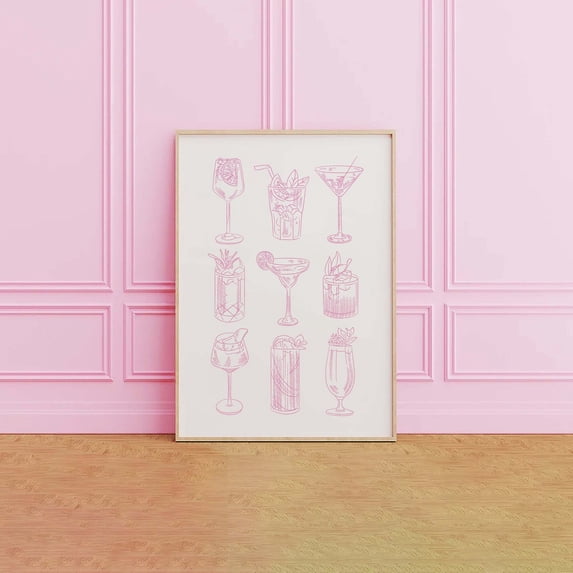 Cocktail Sketch Poster Cute Bar Cart Pink Art Trendy Kitchen Wall ...