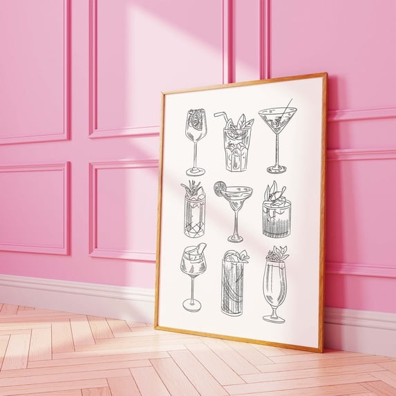 Cocktail Sketch Poster Cute Neutral Bar Car Art Trendy Kitchen Wall ...