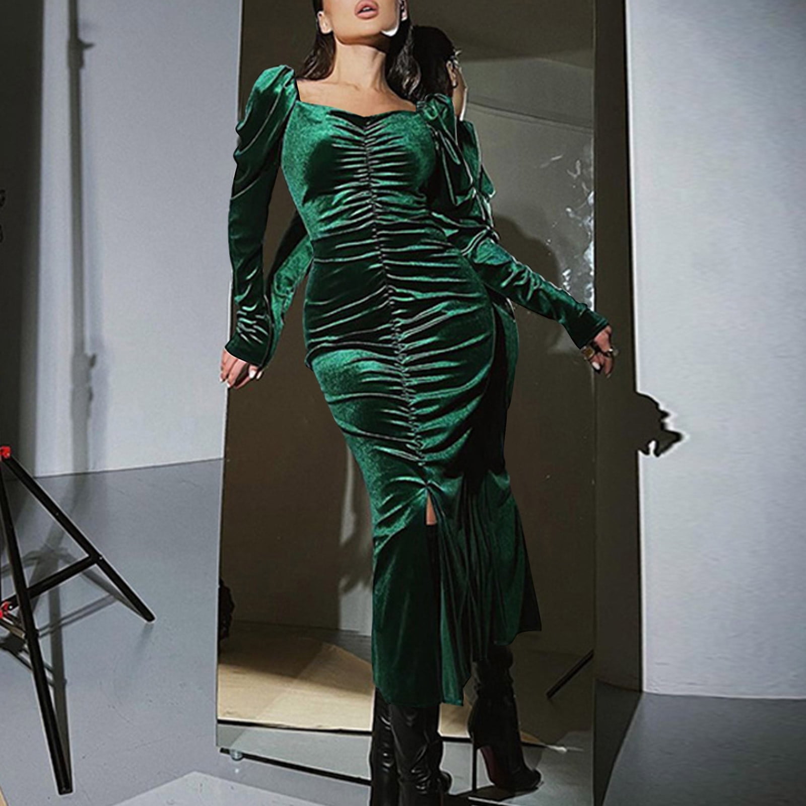 Cocktail Velvet Dress for Women Winter Christmas Dress Ruched Pleated ...