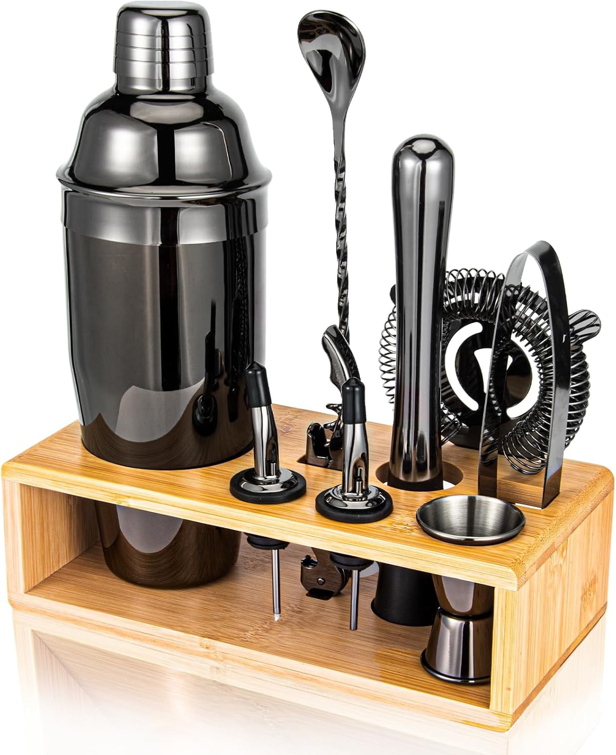 Cocktail shaker set, bar tool set, equipped with a stylish bamboo rack ...