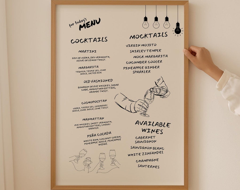 Cocktails Menu Prints Pink Wall Art, Hand Drawn Aesthetic Posters ...