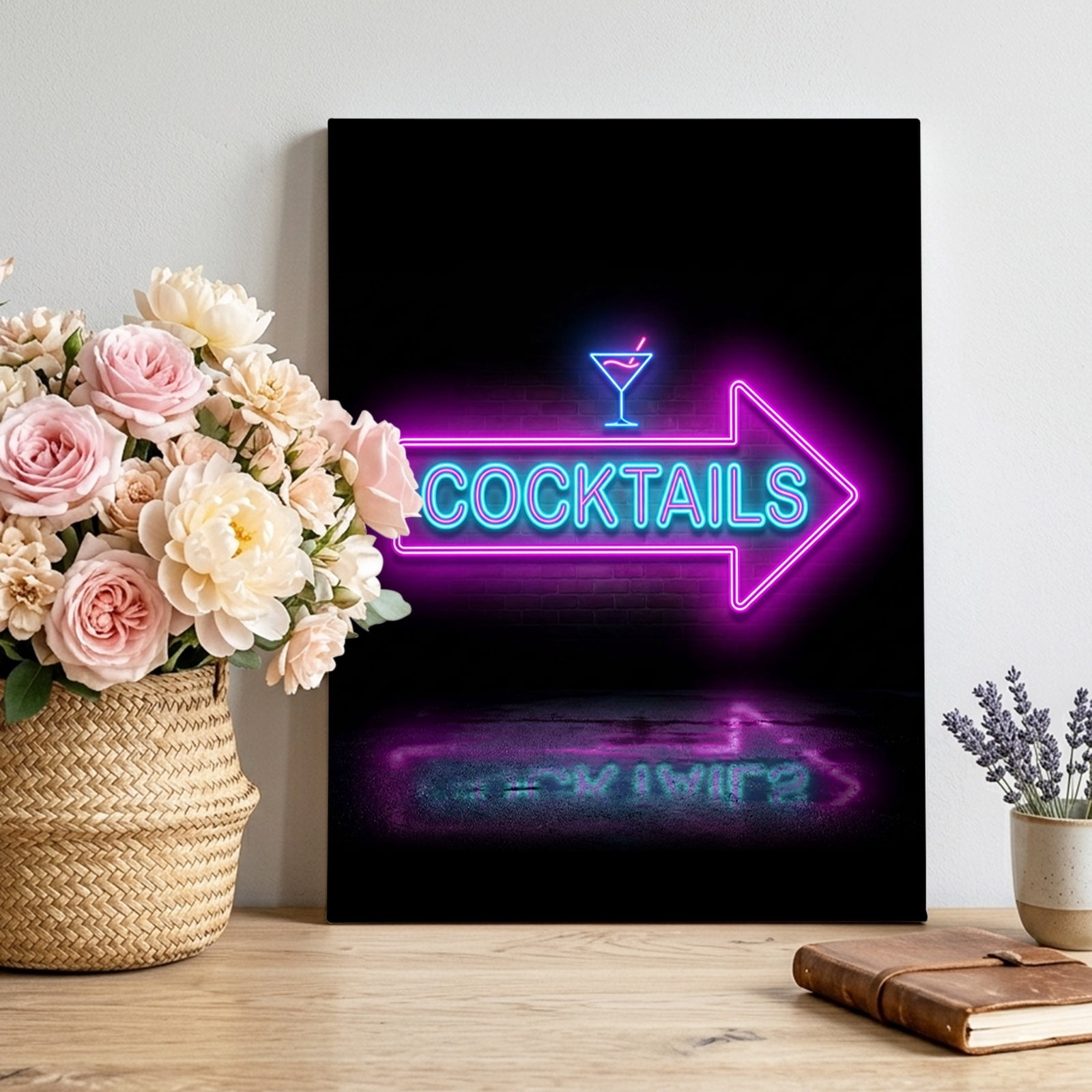 Cocktails Neon Arrow Canvas Wall Art for Living Room, Modern Bar Style ...
