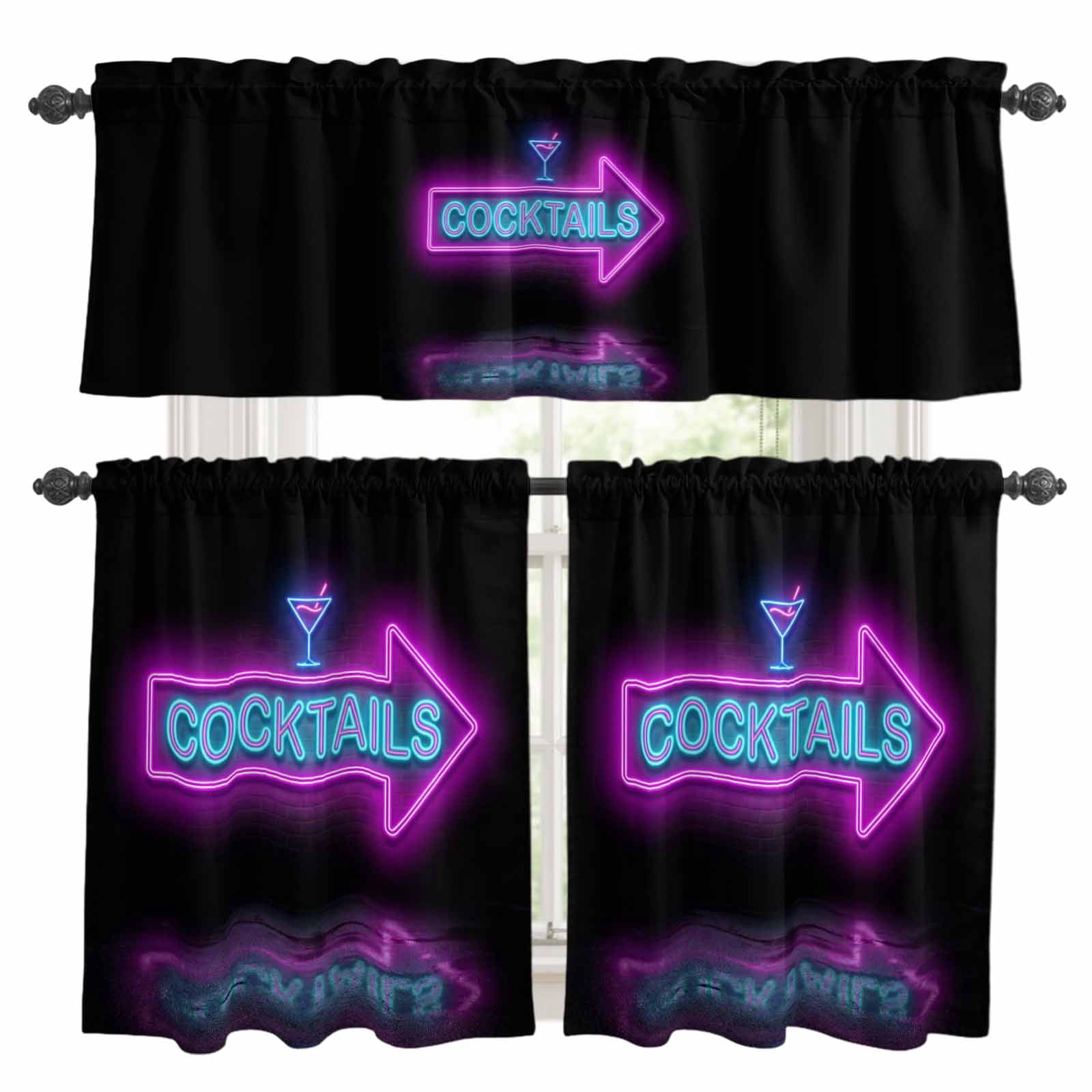 Cocktails Neon Arrow Kitchen Curtains Set for Windows, Modern Bar Style ...