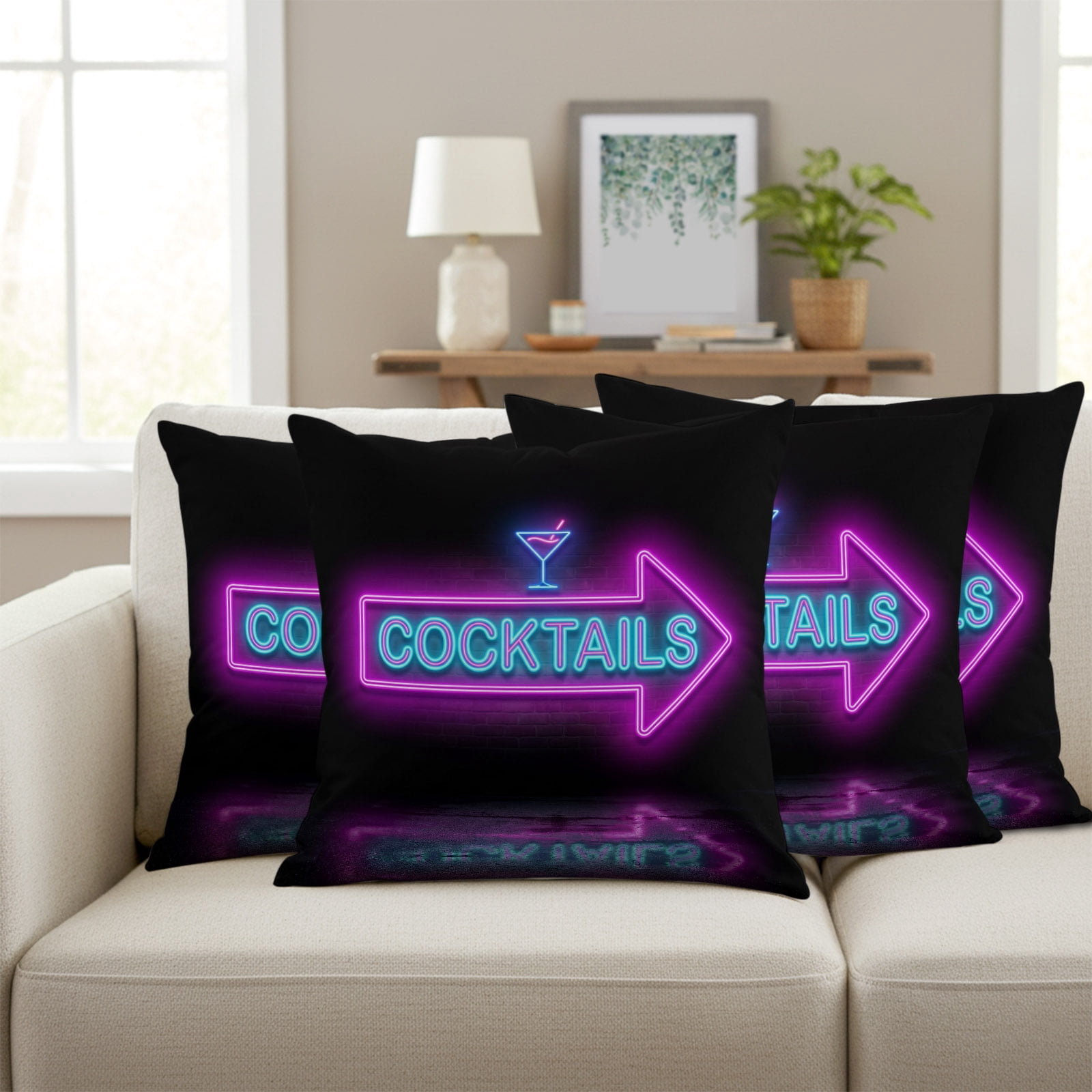 Cocktails Neon Arrow Pillow Covers Set of 4, Modern Bar Style Blue ...