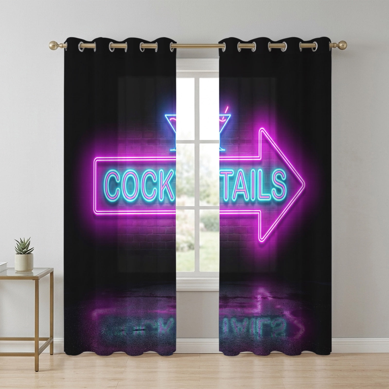 Cocktails Neon Arrow Sheer Curtains 63 Inch Long 2 Panels, Modern Bar ...