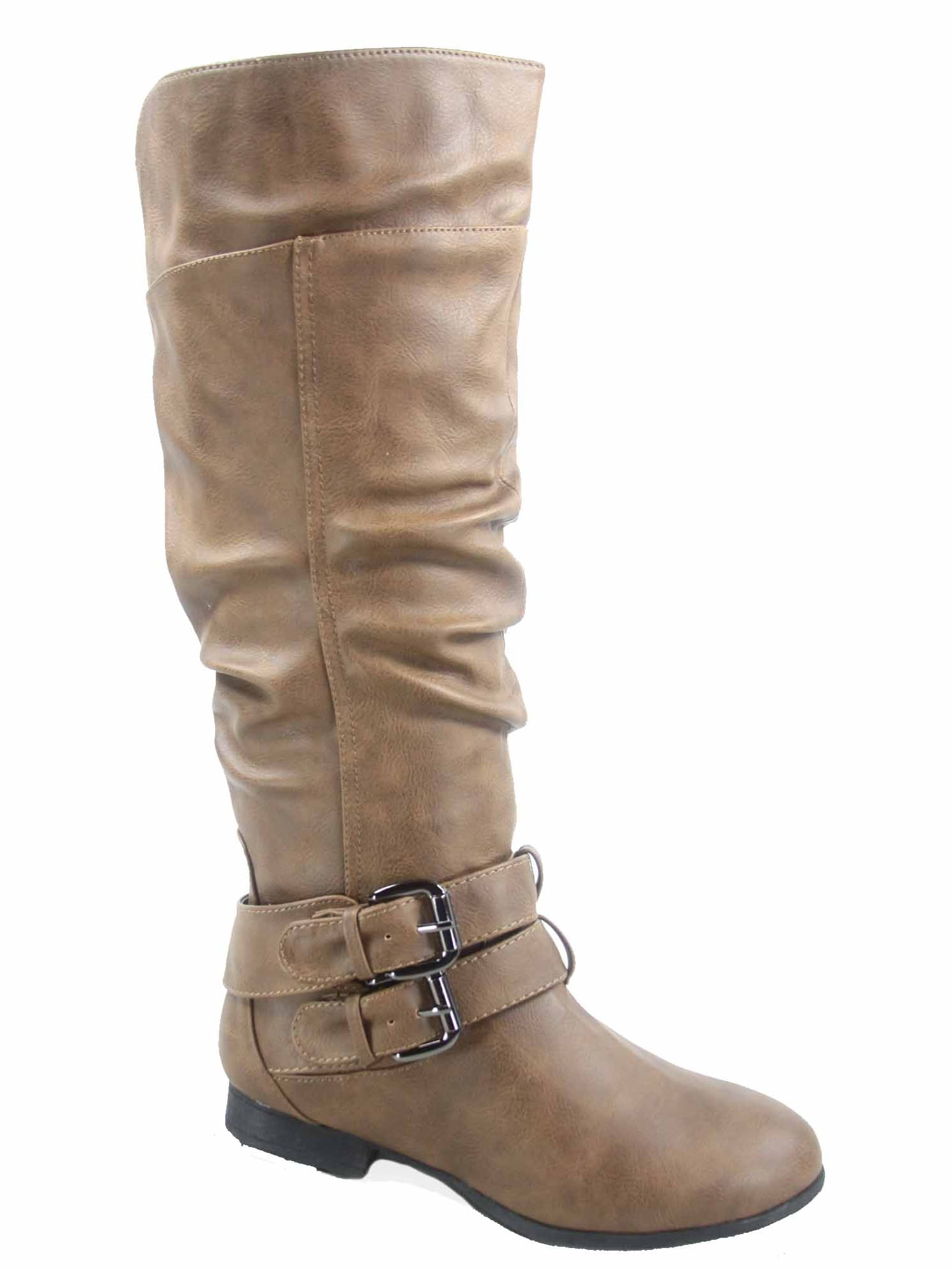 Top Moda Women's Riding Boots Buckle Zipper Knee High, Low Heel Round ...