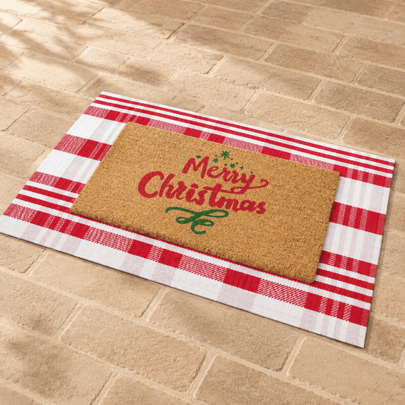 Coco Coir Christmas Welcome Mat and Red White Plaid Rug Set for Front ...