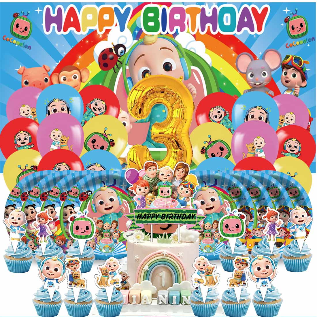 CocoBaby Balloons Party Supplies 3rd Decor Tableware Birthday Cake Topper Decorations Banner ...