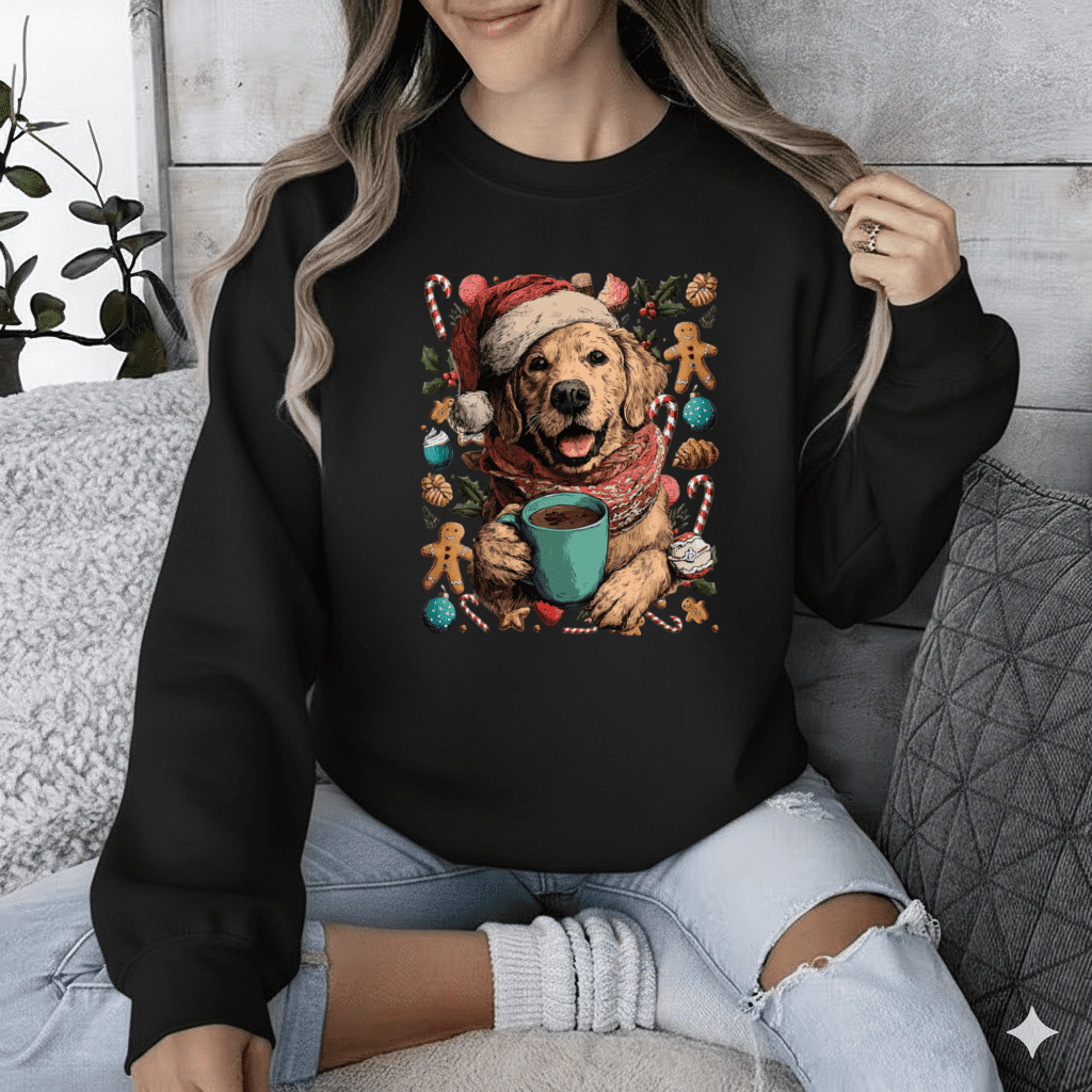 Cocoa Christmas Golden Retriever In Festive Hat Cozy Holiday Sweatshirt ...