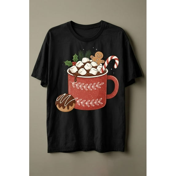 Cocoa Mug Xmas Tee, Holiday Drink Illustration with Marshmallow Candy ...