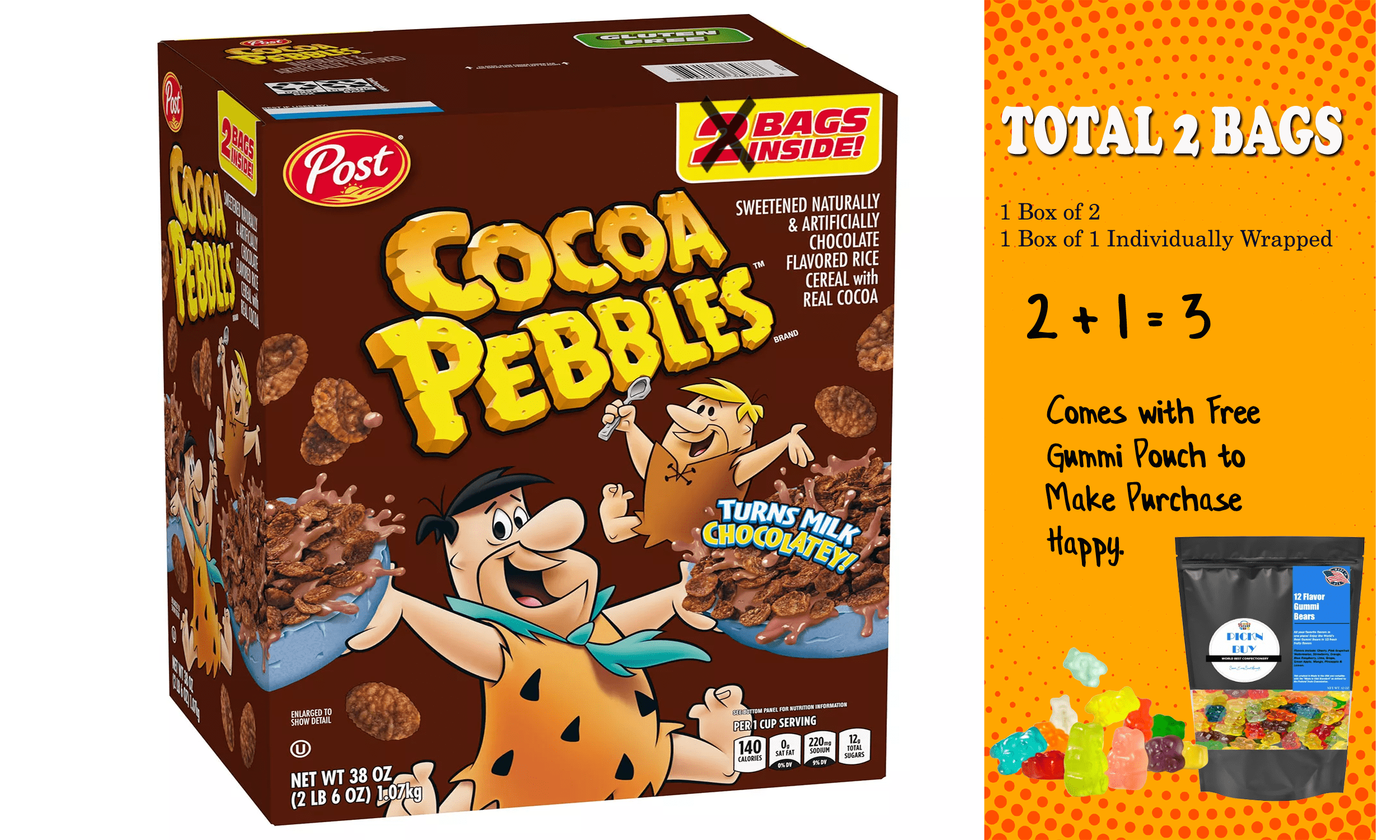 Cocoa Pebbles Cereal, 57 oz., Free PICKN BUY Gummies - Walmart.com