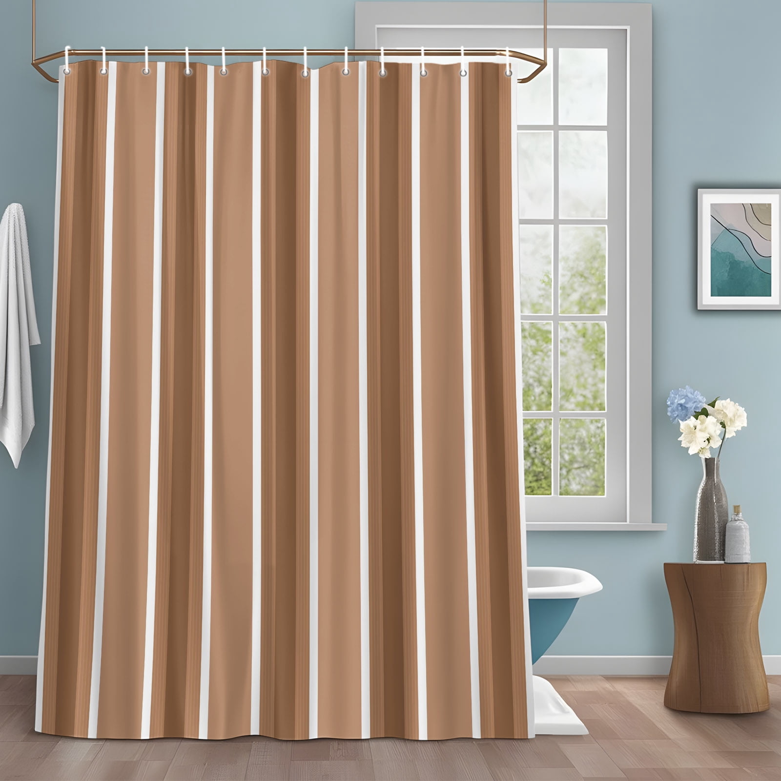 Cocoa White Stripes Shower Curtain Set with Hooks, Modern Minimalist ...