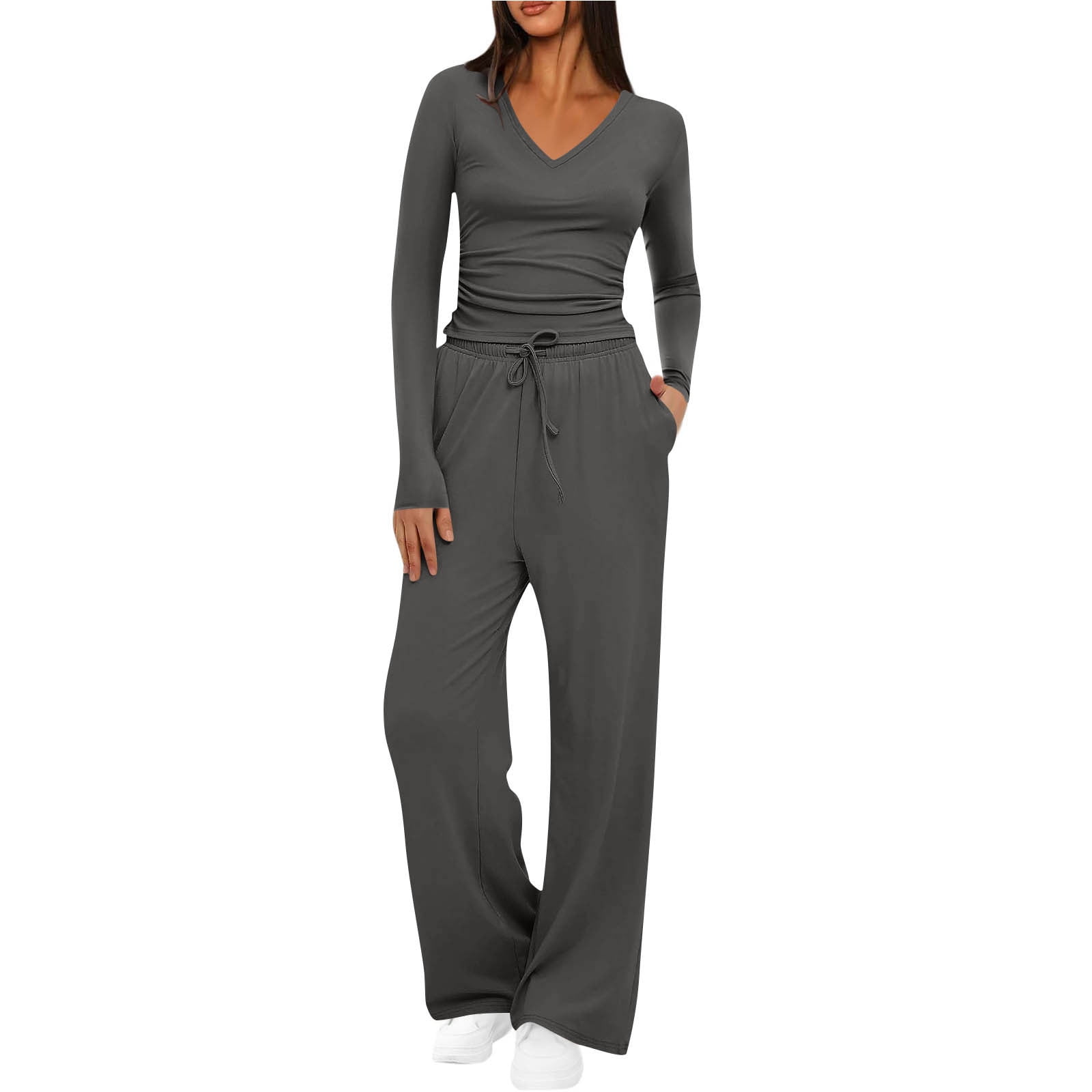 Chiccall Womens 2 Piece Outfits 2025 Fall Tracksuits Long Sleeve V Neck ...