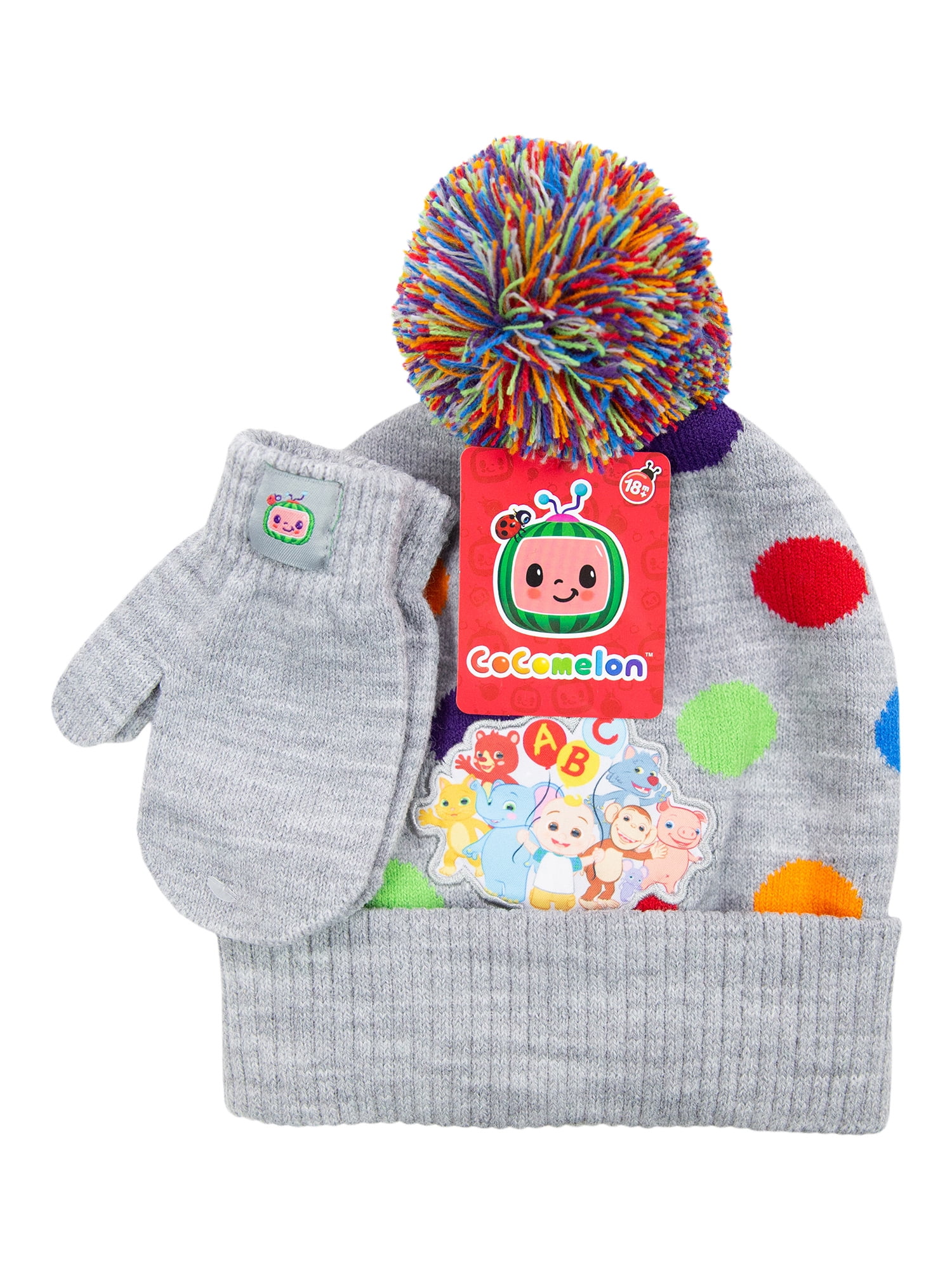 Cocomelon Brand Girls 2-Piece Child Beanie Style Grey Hat & Mittens Set ...