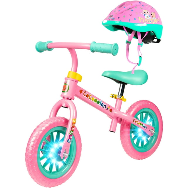 Cocomelon Toddlers Balance Bike Adjustable Helmet Light-up 10" Wheels Lightweight Trainer Pink ...