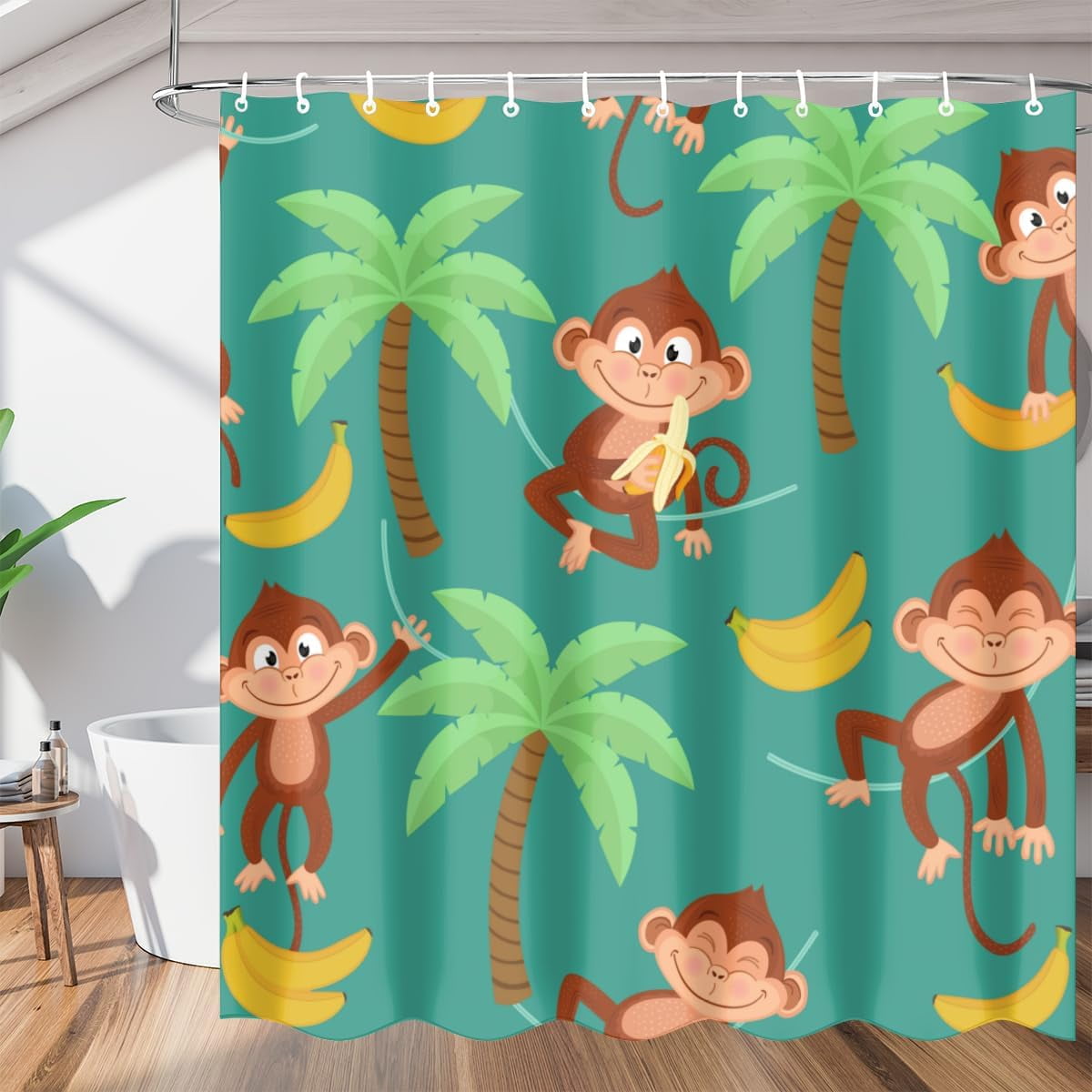Coconut Banana Monkey Shower Curtain Fabric Shower Curtain Set with 12 ...