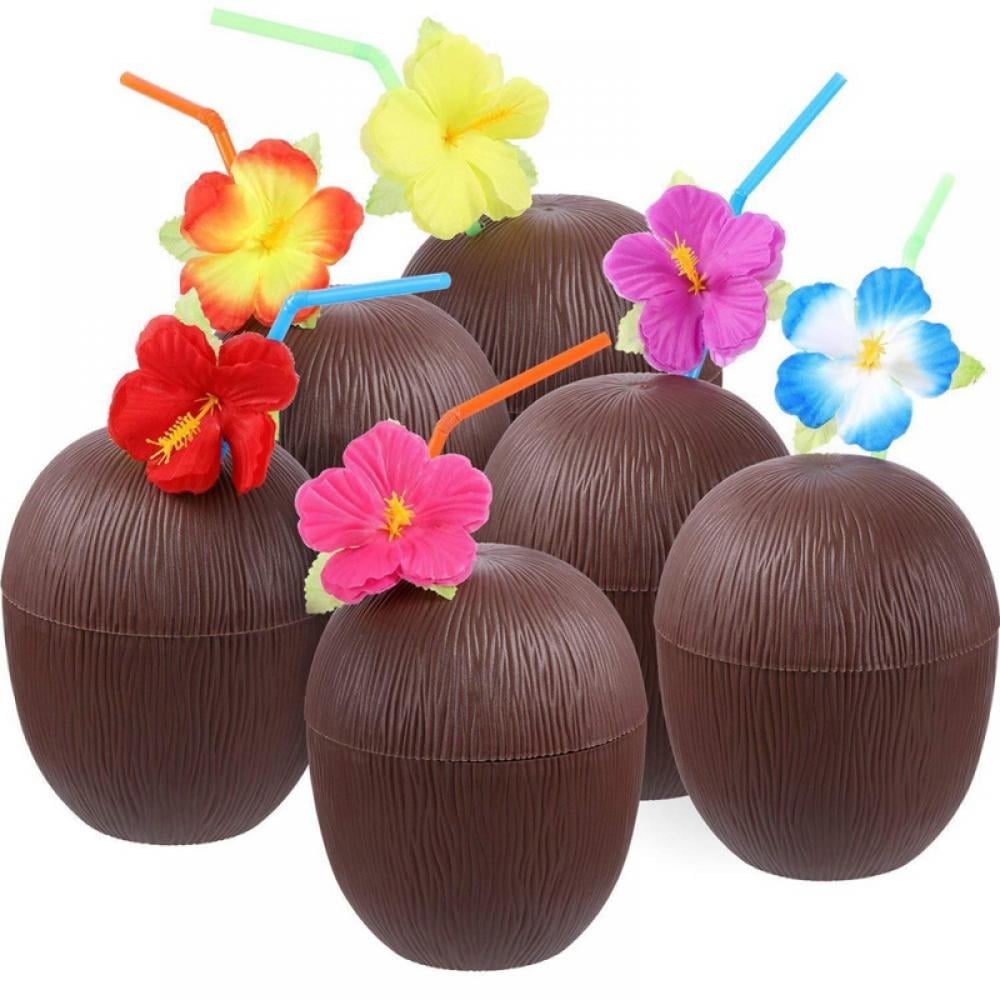 Coconut Cups, Plastic Coconut Cups with Lids and Straws for Hawaiian ...