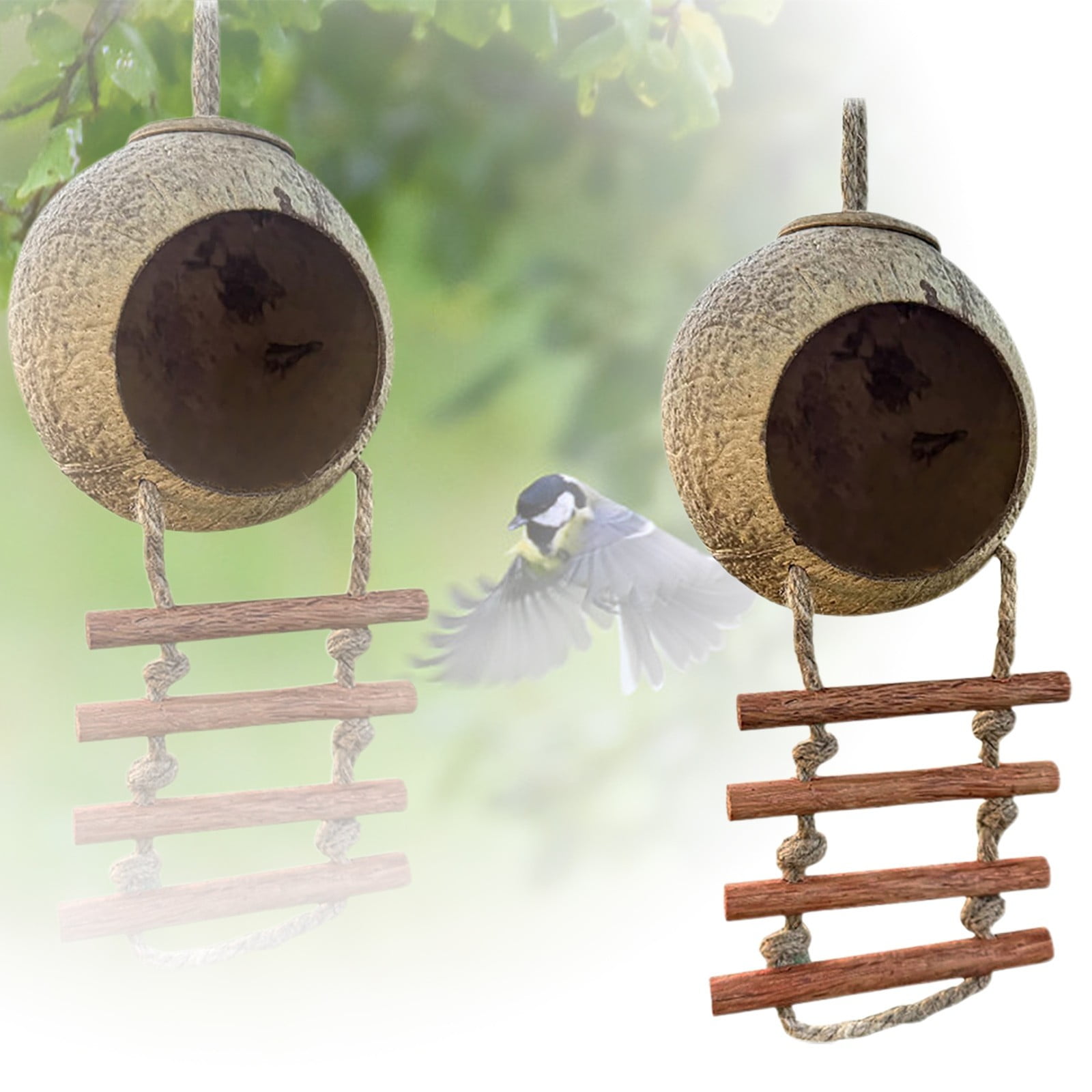 Coconut Hide with Ladder, Natural Coconut Fiber Hanging Birdhouse Cage ...