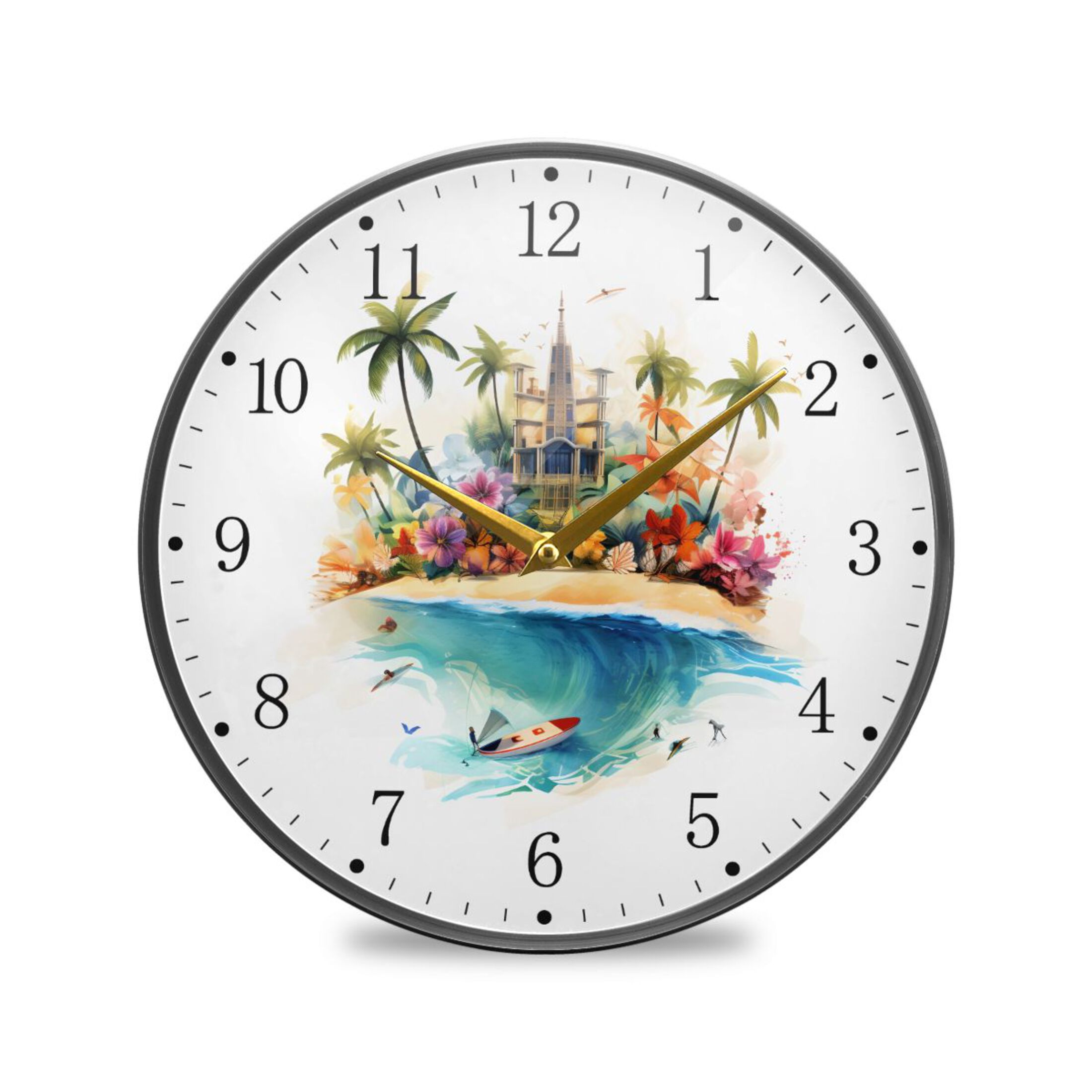 Coconut Palm Flowers Acrylic Wall Clocks Quiet Round Clock Battery ...