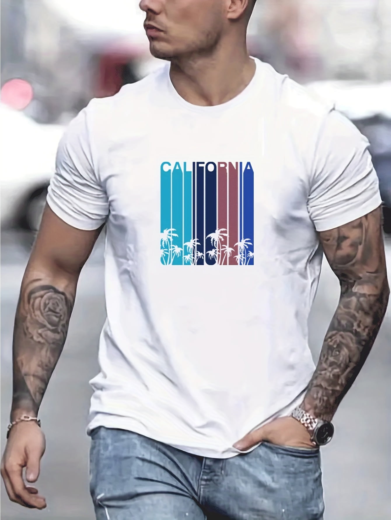 Coconut Palm Print T-shirt, Men's Casual Street Style Stretch Round ...