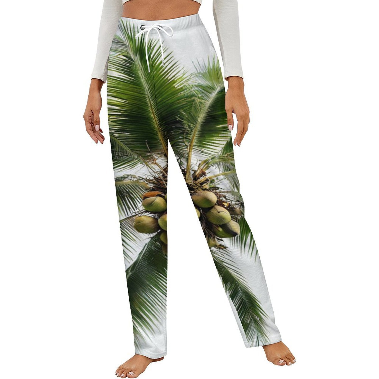 Coconut Palm Tree Print Winter Female Pants Flannel High Waist Women ...