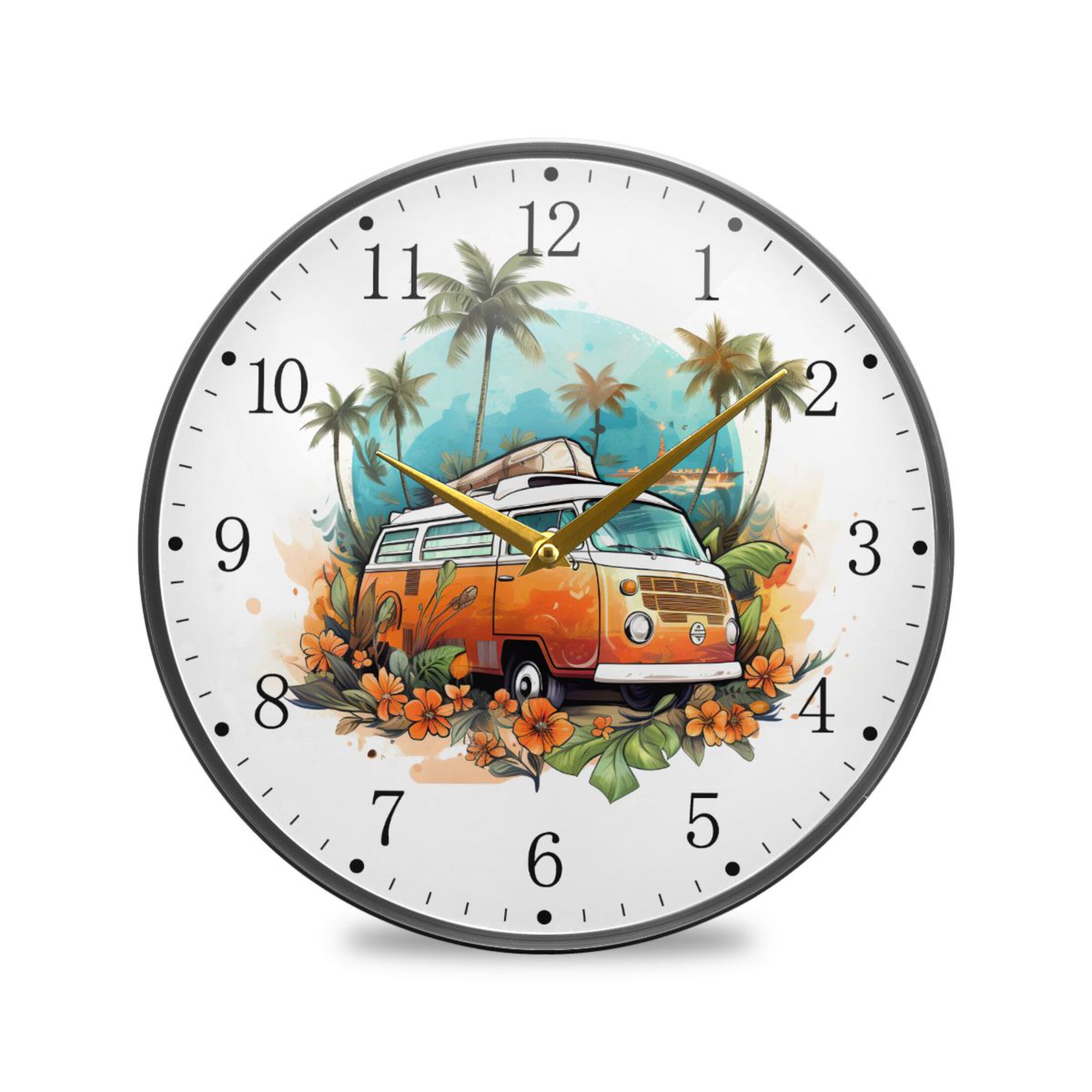 Coconut Palm with Bus Acrylic Wall Clocks Quiet Round Clock Battery ...