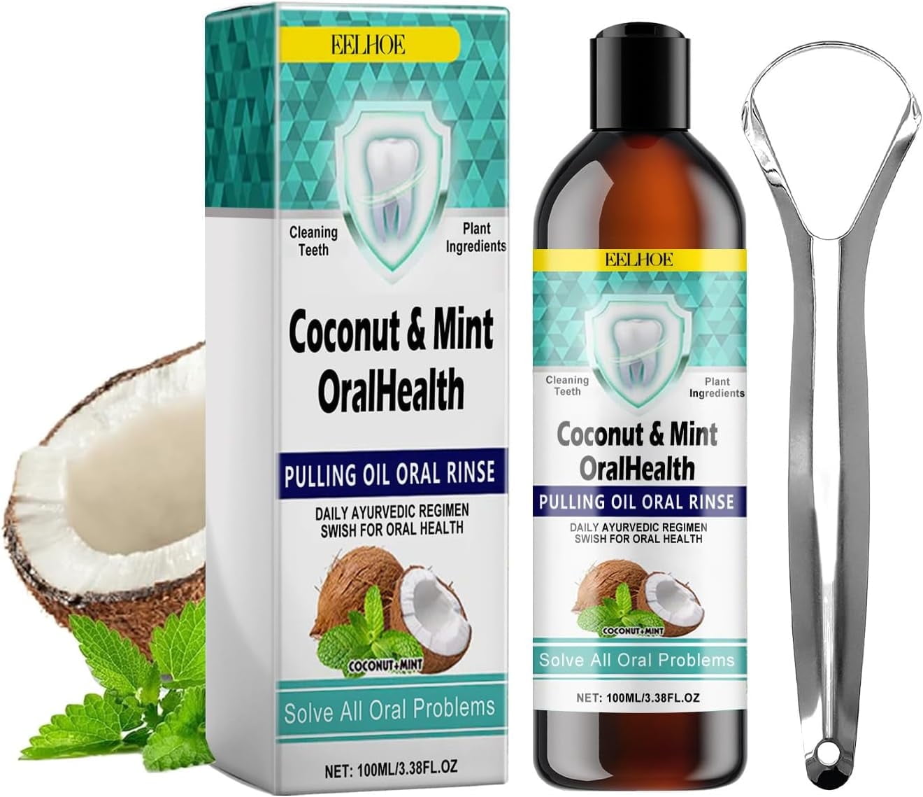 Coconut & Peppermint Oil Pulling (3.4 Fl.Oz) with Tongue Scraper - Alcohol Free Mouthwash for ...