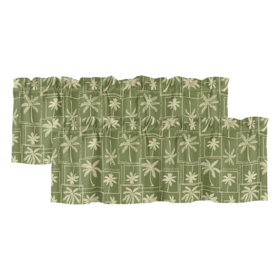 Coconut Tree 2 Panels Kitchen Valance, Tropical Plant Summer Grid Green ...