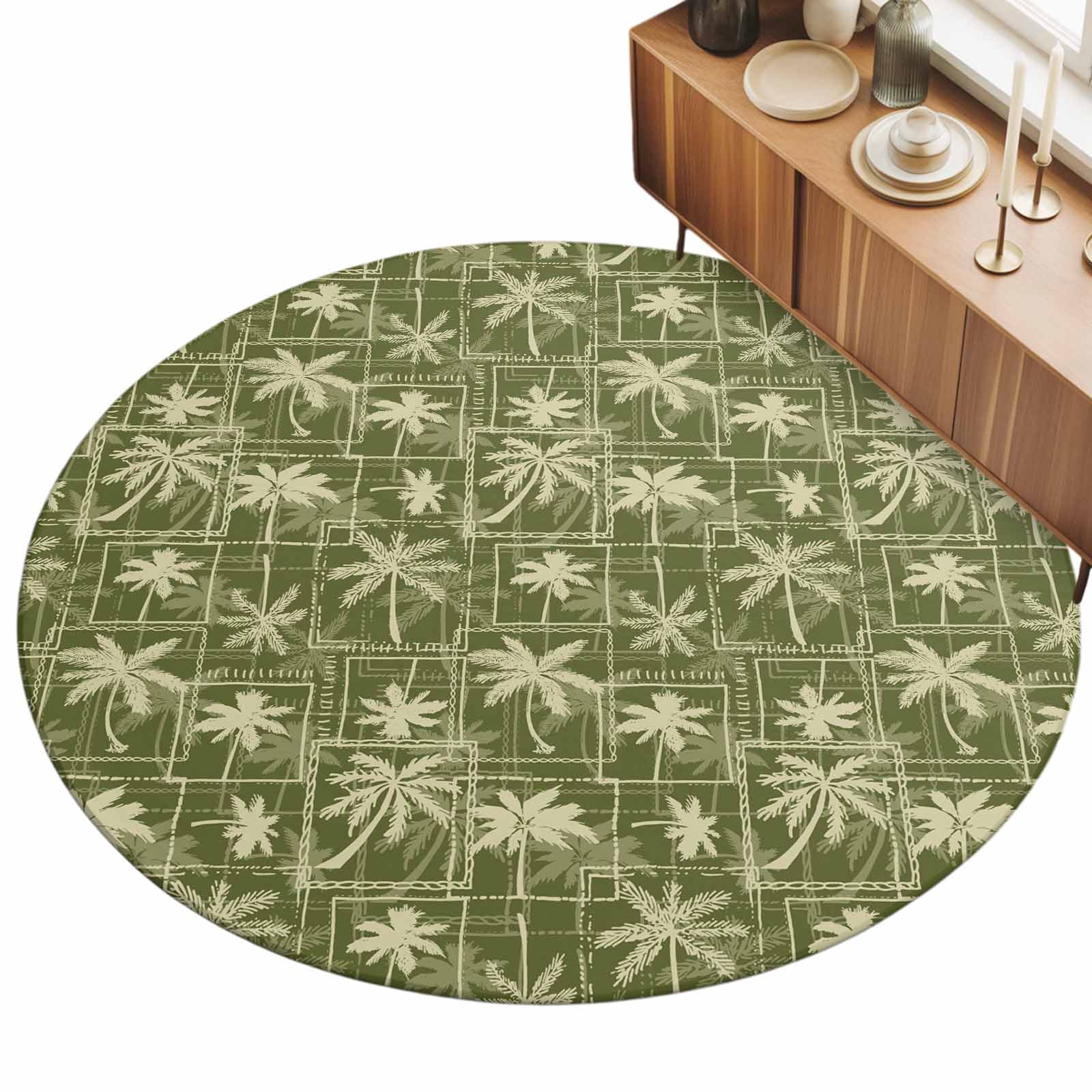 Coconut Tree 6ft Non Slip Round Area Rug Tropical Plant Summer Grid ...