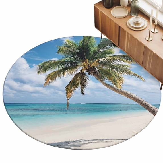 Coconut Tree Area Rugs 5' (Round) Ocean Beach Blue Sky Floor Rug Non ...