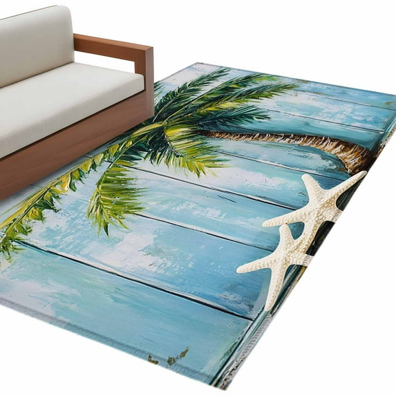 Coconut Tree Area Rug 3x5ft Nautical Blue Wood Grain Non-Slip Washable ...